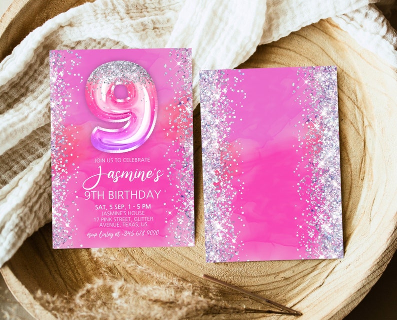 Editable Pink 9th Birthday Invitation Template, Glitter Birthday Invite ...