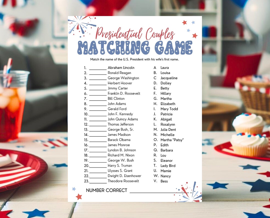 Printable 4th of July Presidential Couple Matching Game, July 4th Games ...