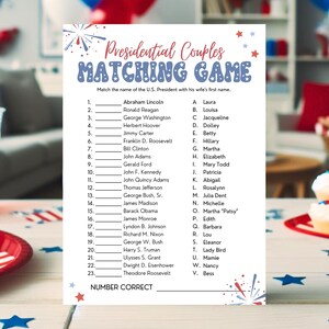 Printable 4th of July Presidential Couple Matching Game, July 4th Games ...