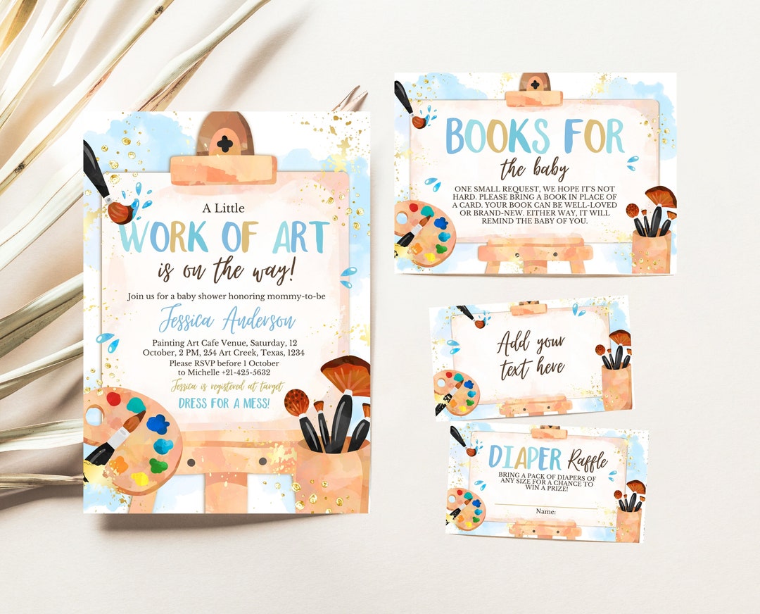 Editable Blue Art Baby Shower Invitation Bundle, A Little Art is on the ...