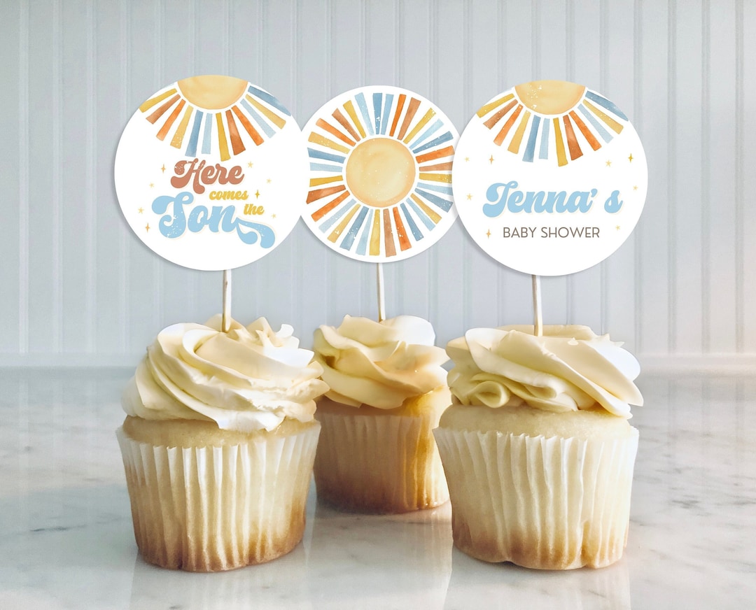 Editable Sunshine Baby Shower Cupcake Toppers, Here Comes the Son Baby ...