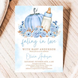 Editable Blue Pumpkin Baby Shower Invitation, Fall Pumpkin Baby Shower ...