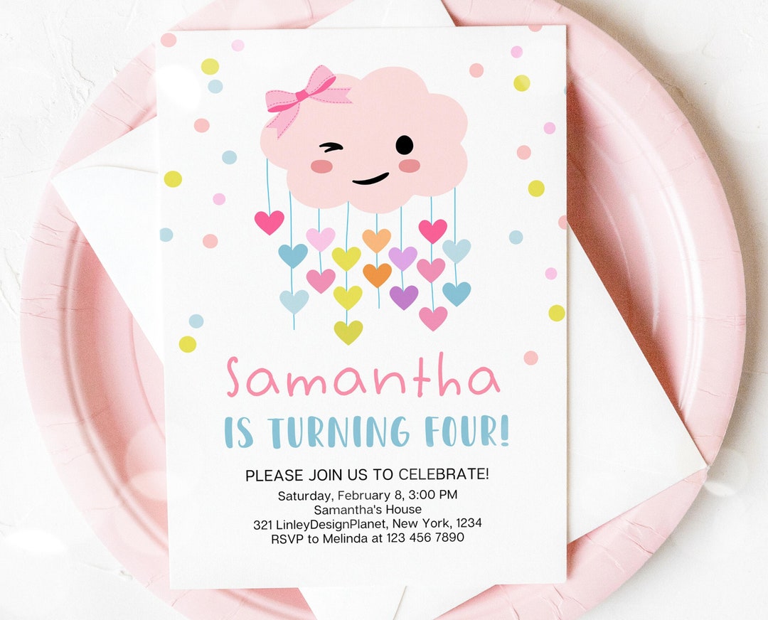 Editable Cloud Birthday Invitation, Girl Rainbow Cloud Birthday Party ...