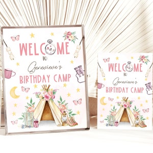 Editable Girl Camp Welcome Sign, Camp Out Sleepover Party Sign ...