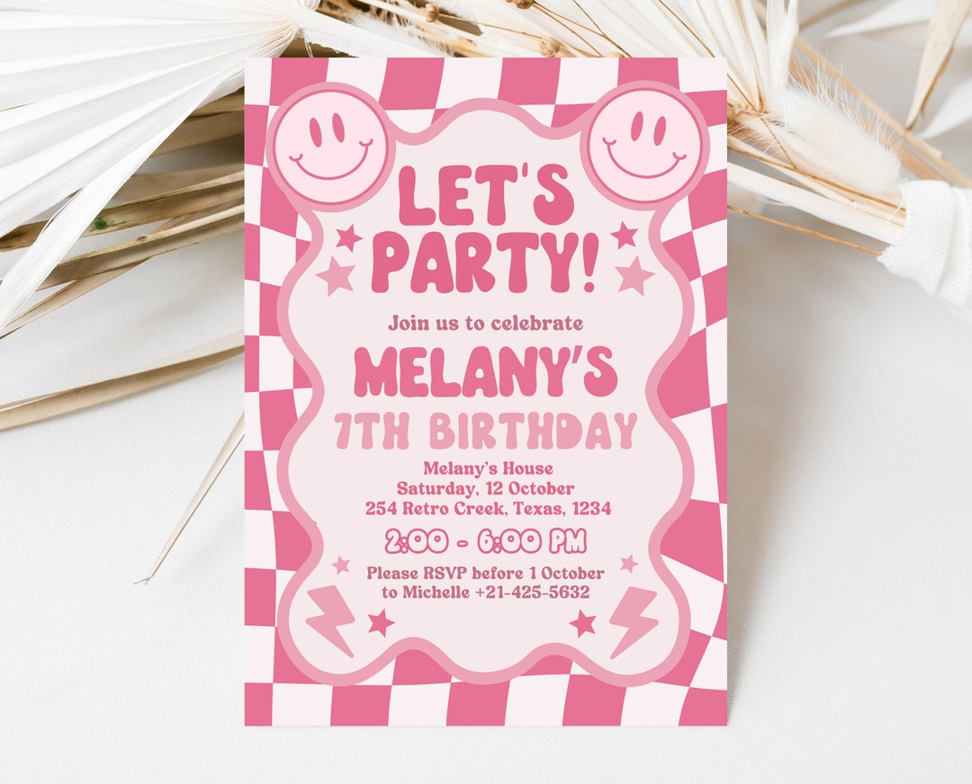 Editable Retro Smiley Birthday Invitation, Preppy Smile Theme Invite ...