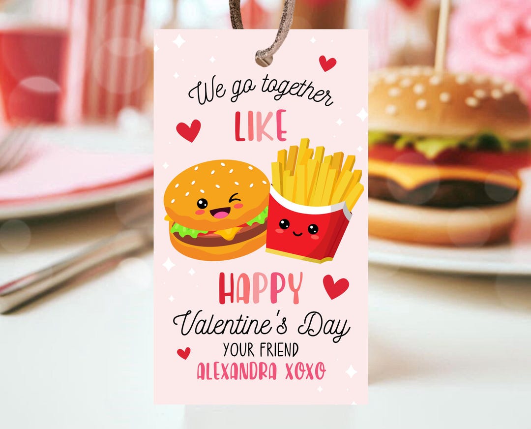 Editable Valentine Gift Tag, Burger and Fries Valentine Gift Tags ...