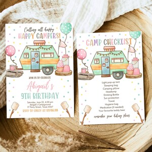 Editable Girl Camp Party Invitation, Camp Out Birthday Party, Sleepover Girl Camping Party ...