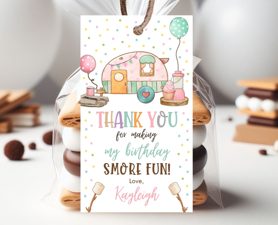 Editable Camping Birthday Favor Tag, Camping Party Thank You Tag, Girly ...