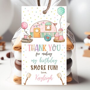 Editable Camping Birthday Favor Tag, Camping Party Thank You Tag, Girly ...
