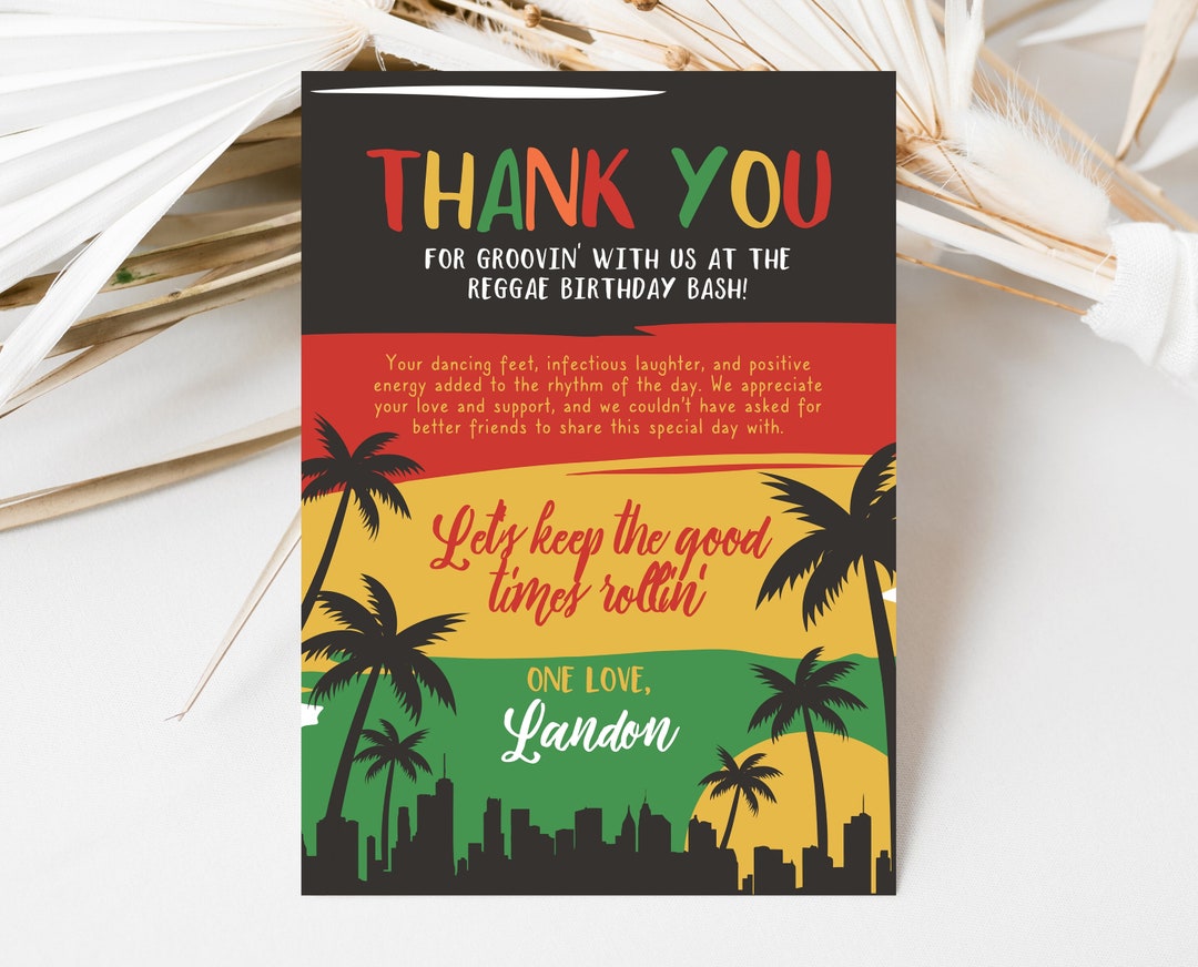 Editable Reggae Birthday Thank You Card Template, Reggae Birthday Party ...