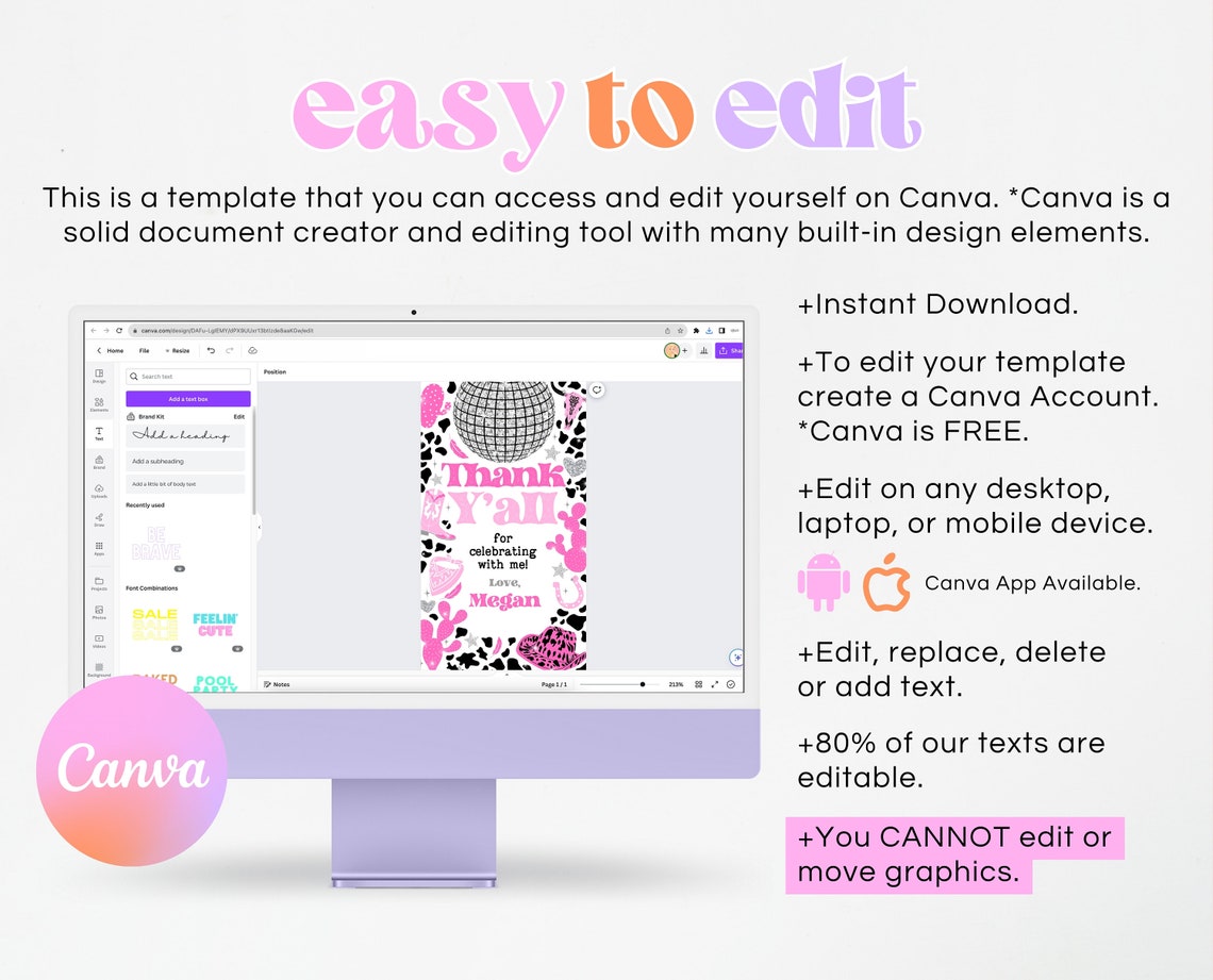 Editable Disco Cowgirl Birthday Favor Tag, Pink Disco Cowgirl Thank You ...