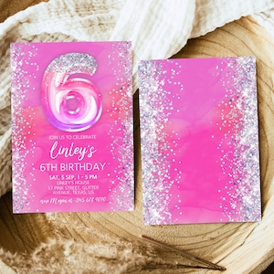 Editable Pink 6th Birthday Invitation Template, Glitter Birthday Invite ...