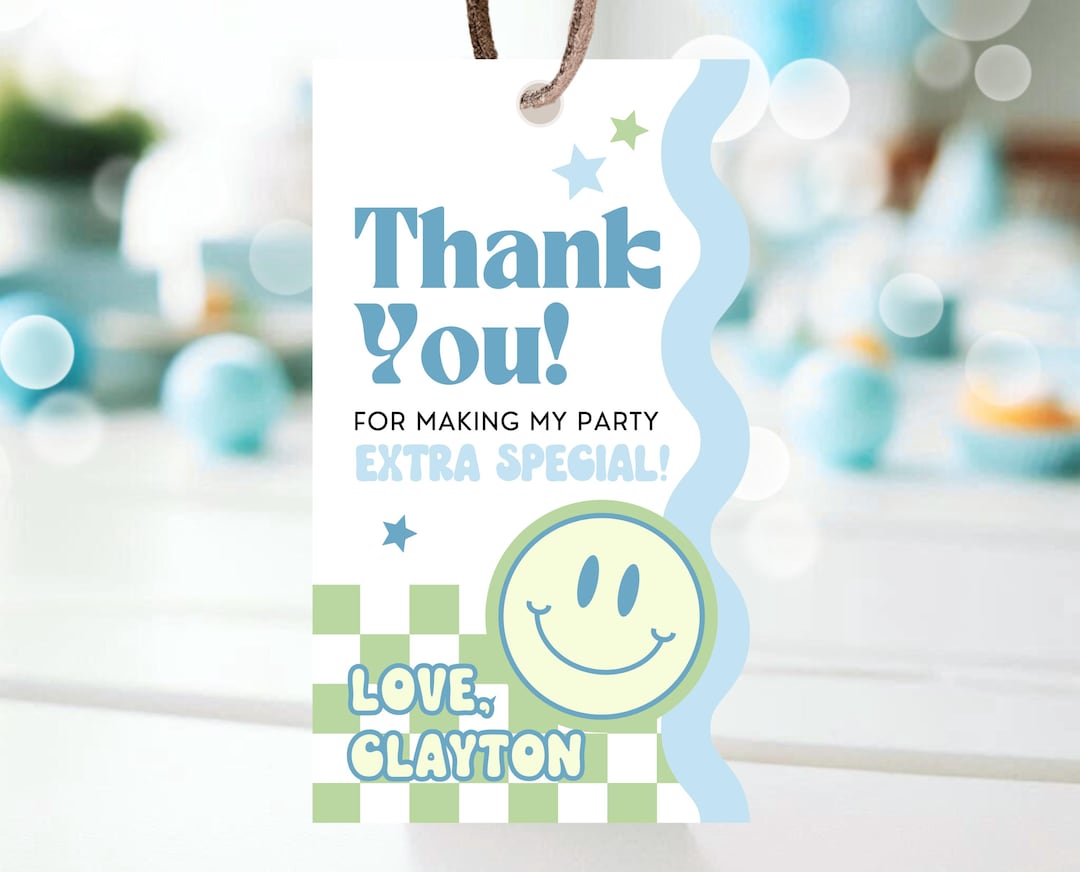 Retro Smiley Birthday Favor Tag: Blue Checkered Theme (digital Download ...