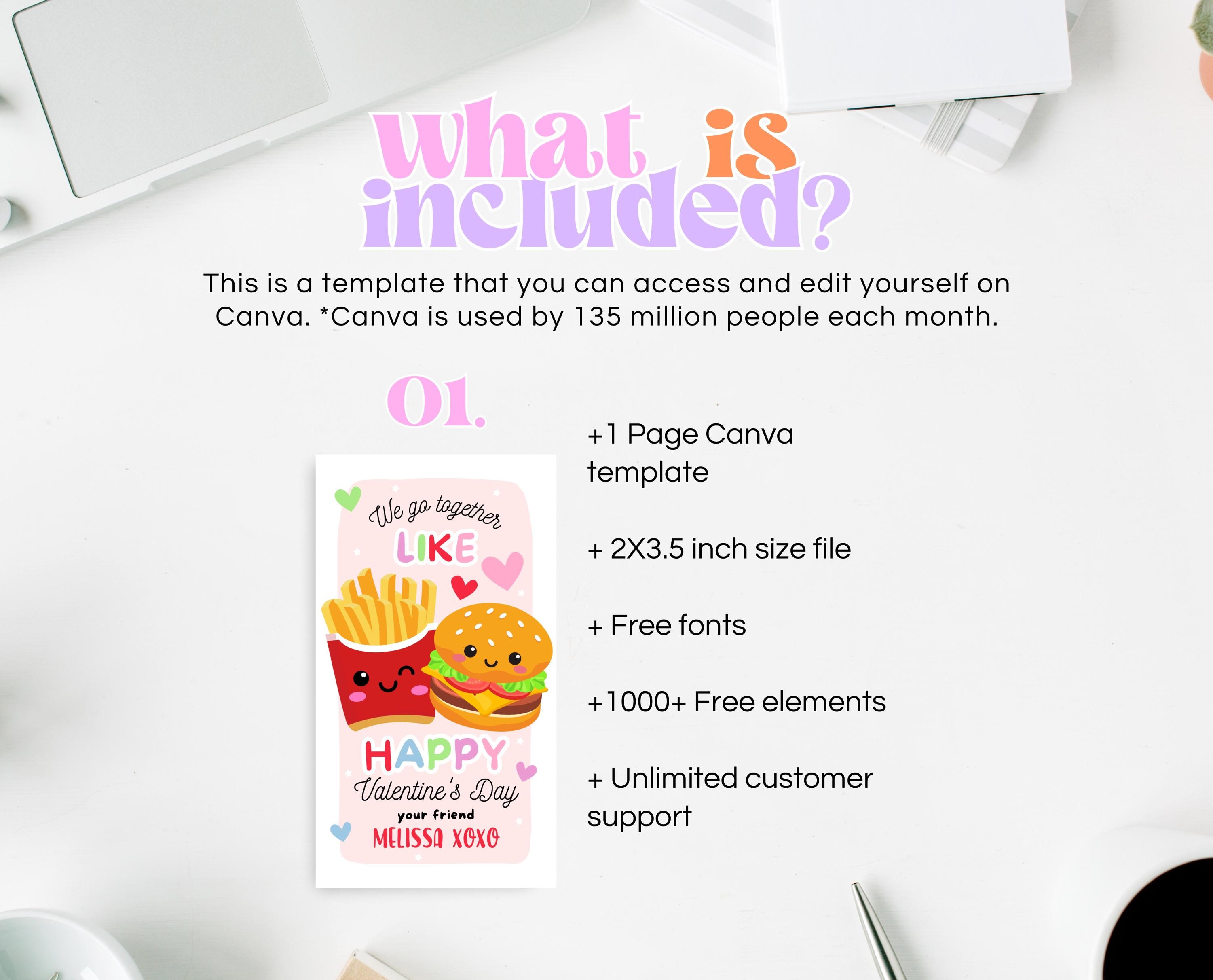 Editable Valentine Gift Tag, Burger and Fries Valentine Gift Tags ...