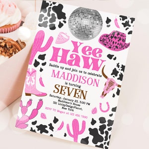 Editable Disco Cowgirl Birthday Party Invitation, Pink Disco Cowgirl ...