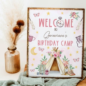 Editable Girl Camp Welcome Sign, Camp Out Sleepover Party Sign ...
