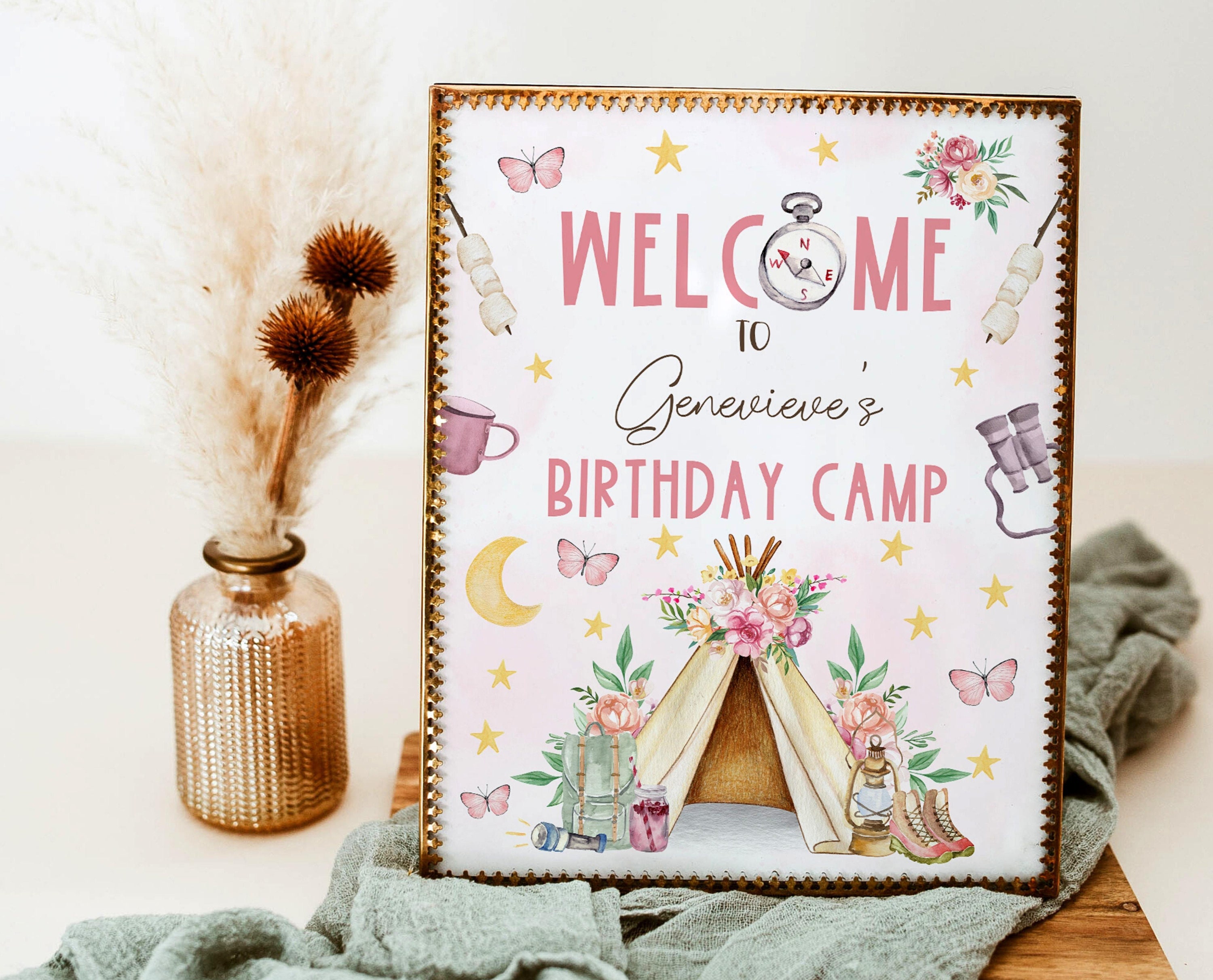 Editable Girl Camp Welcome Sign, Camp Out Sleepover Party Sign ...