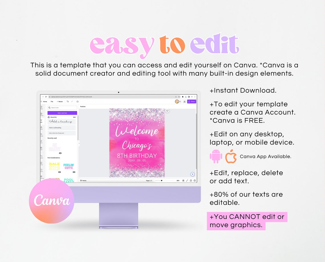 Editable Pink Birthday Welcome Sign Template, Glitter Birthday Welcome ...