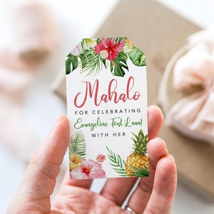 Editable Hawaiian Mahalo Birthday Favor Tag, Tropical Hawaiian Pool ...