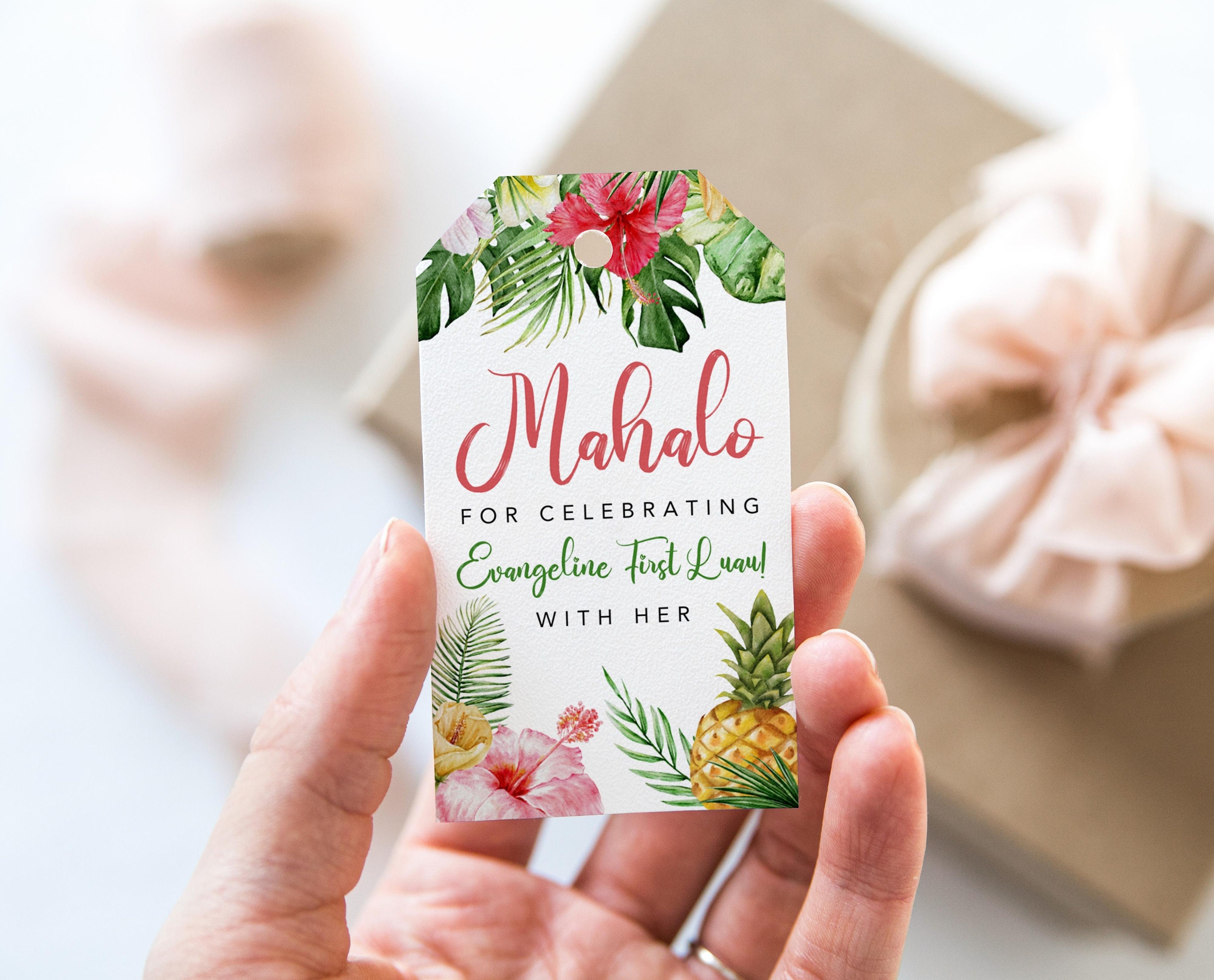 Editable Hawaiian Mahalo Birthday Favor Tag, Tropical Hawaiian Pool ...