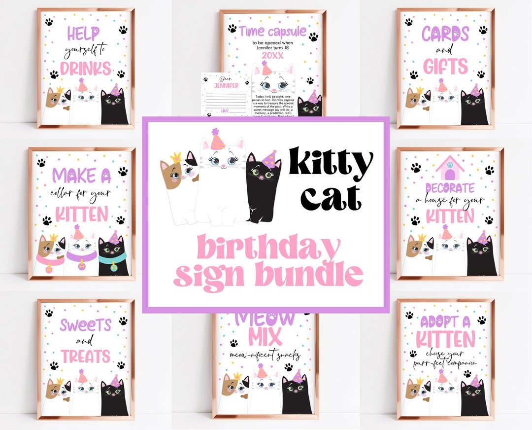 Kitten Cat Birthday Sign Bundle, Cat Birthday Signs, Party Cat Fully ...