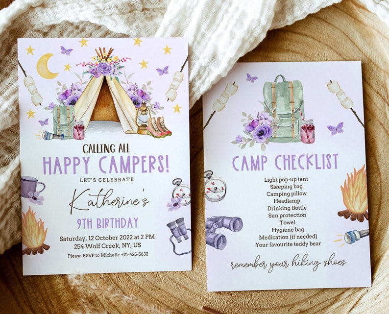 Editable Girl Camp Party Invitation Camp Out Birthday Party - Etsy