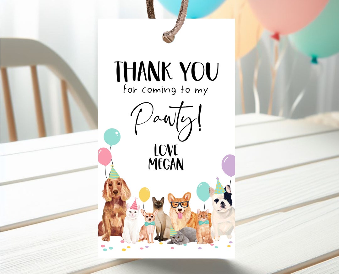 Editable Dog and Cat Birthday Party Thank You Favor Tags, Puppies ...