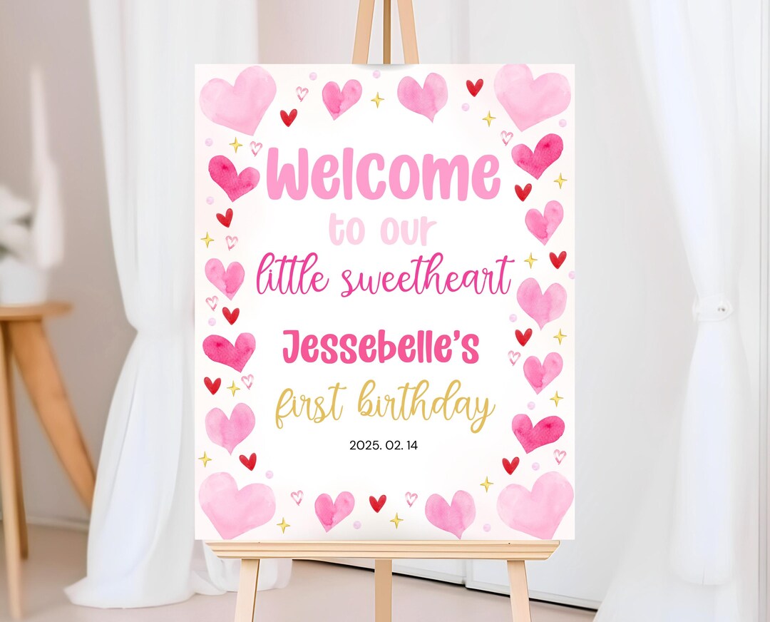 Watercolor Hearts Birthday Welcome Sign: Editable Sweetheart Party ...