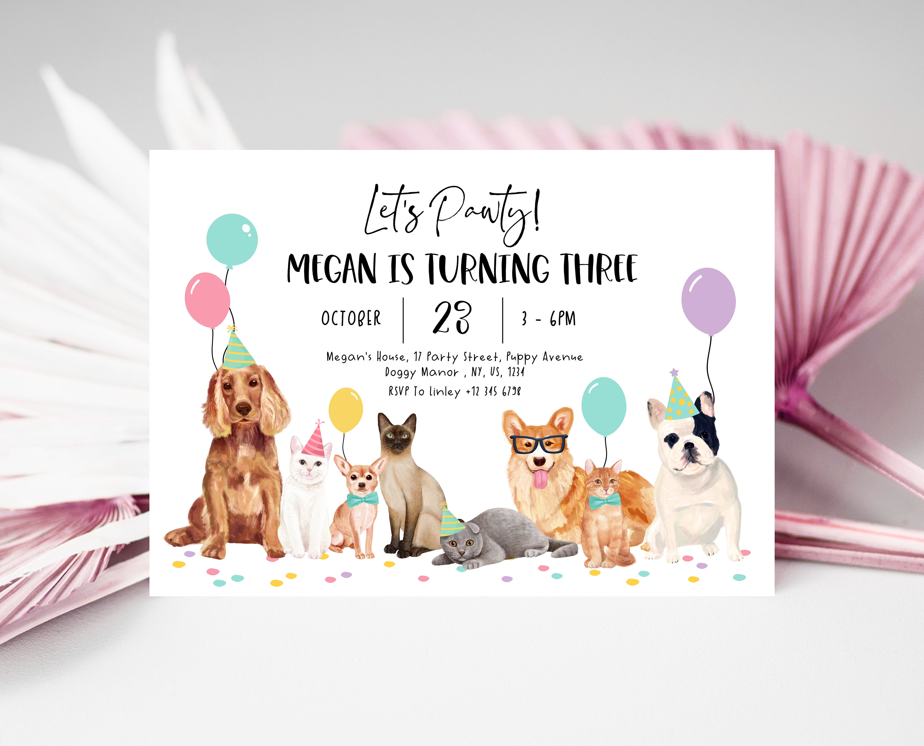 Editable Dog and Cat Birthday Party Invitation, Puppy Birthday ...