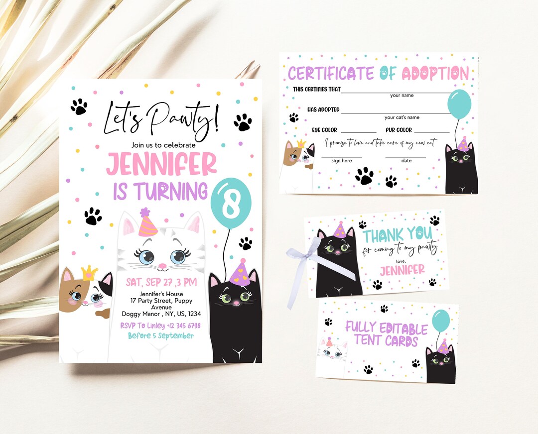 Editable Cat Birthday Invitation Bundle, Kitten Birthday Pack, Cat ...