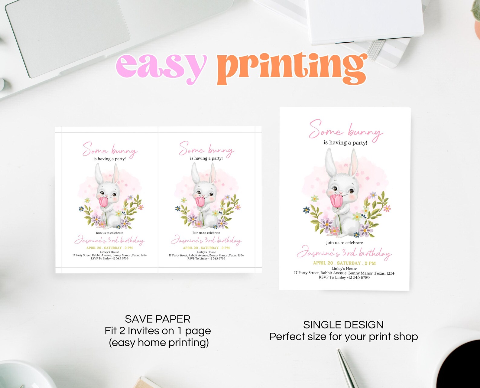 Editable Bunny Birthday Invitation: Floral Rabbit Invite (canva ...