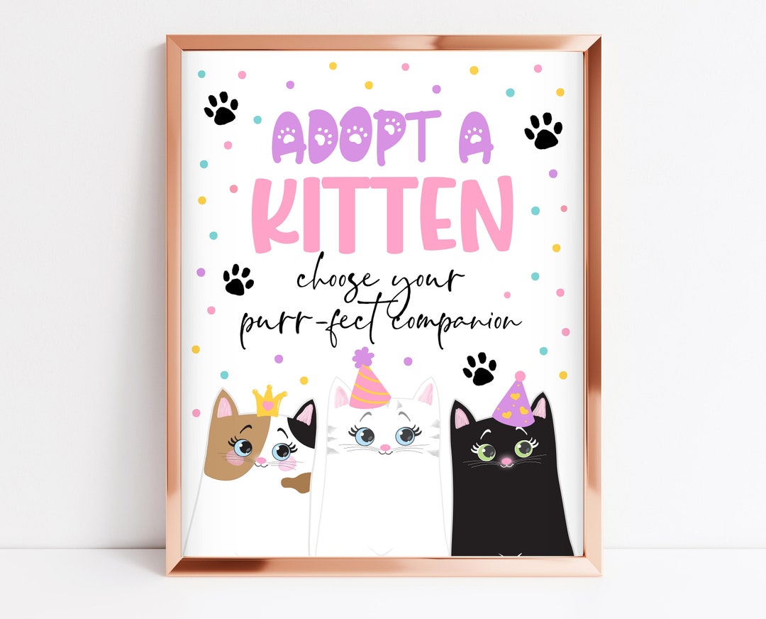 Editable Adopt A Kitten Birthday Sign, Cat Birthday Table Sign, Party ...