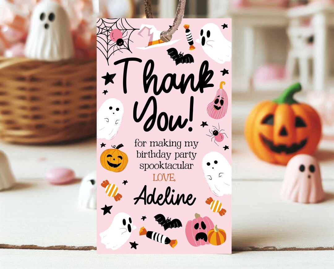 Editable Pink Halloween Favor Tag, Halloween Birthday Thank You Tag ...