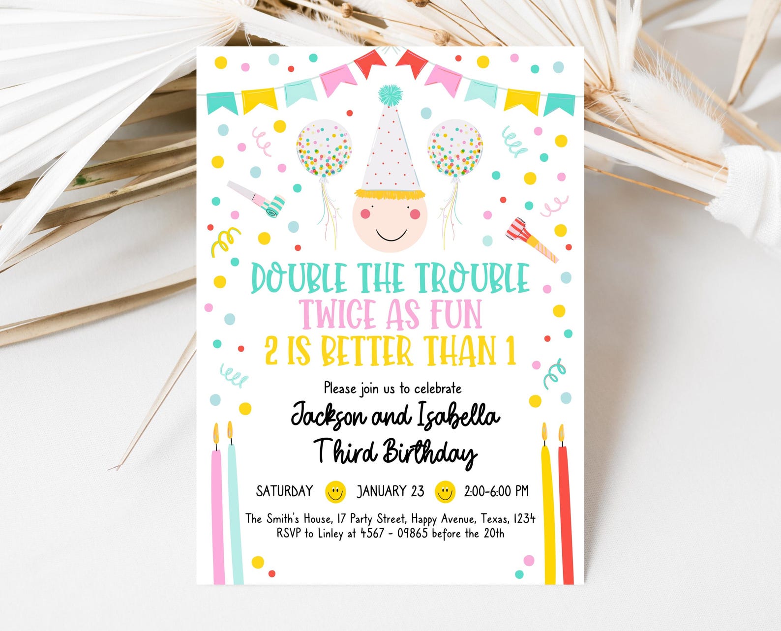 Editable Twin Birthday Party Invitation, Brother and Sister Birthday ...