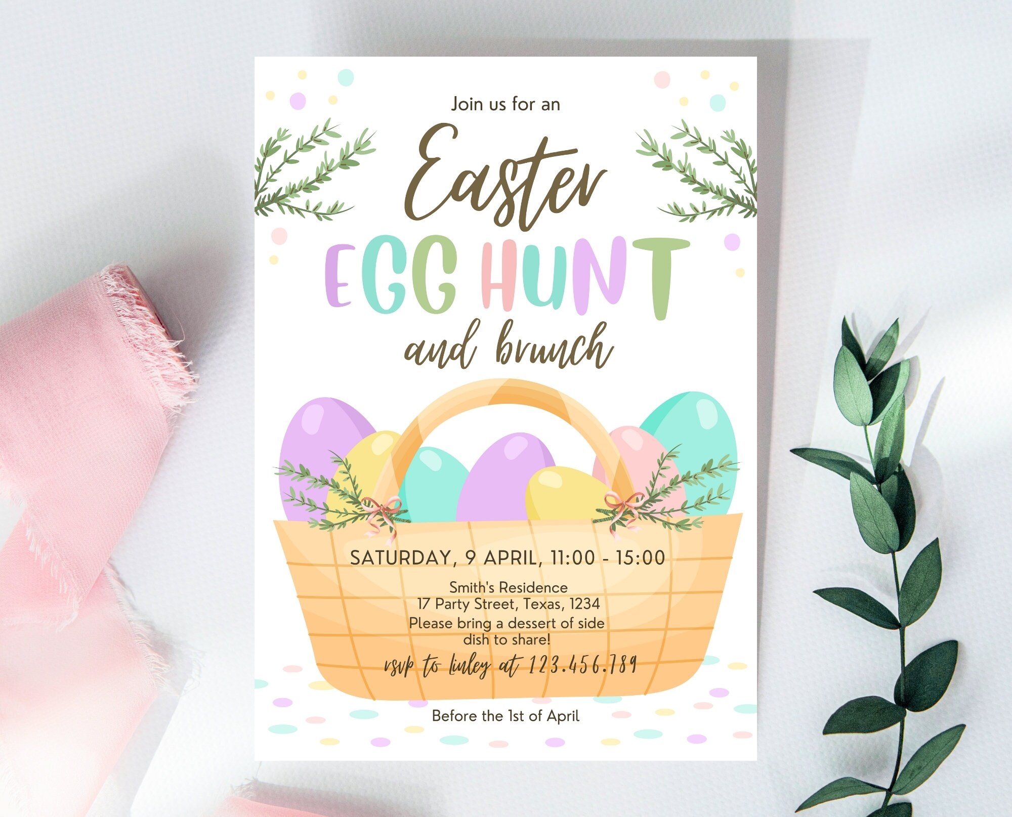 Editable Easter Egg Hunt Invitation, Easter Brunch, Easter Party Invite ...