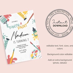 Editable Painting Party Invitation, Art Party Birthday Invite, Girl ...