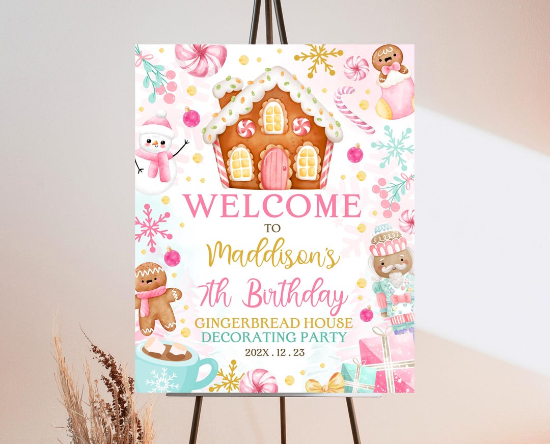 Editable Pink Gingerbread Birthday Welcome Sign, Pink Girl Christmas ...