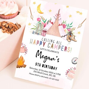 Editable Girl Camping Invitation, Camp Out Birthday Invite, Girl ...