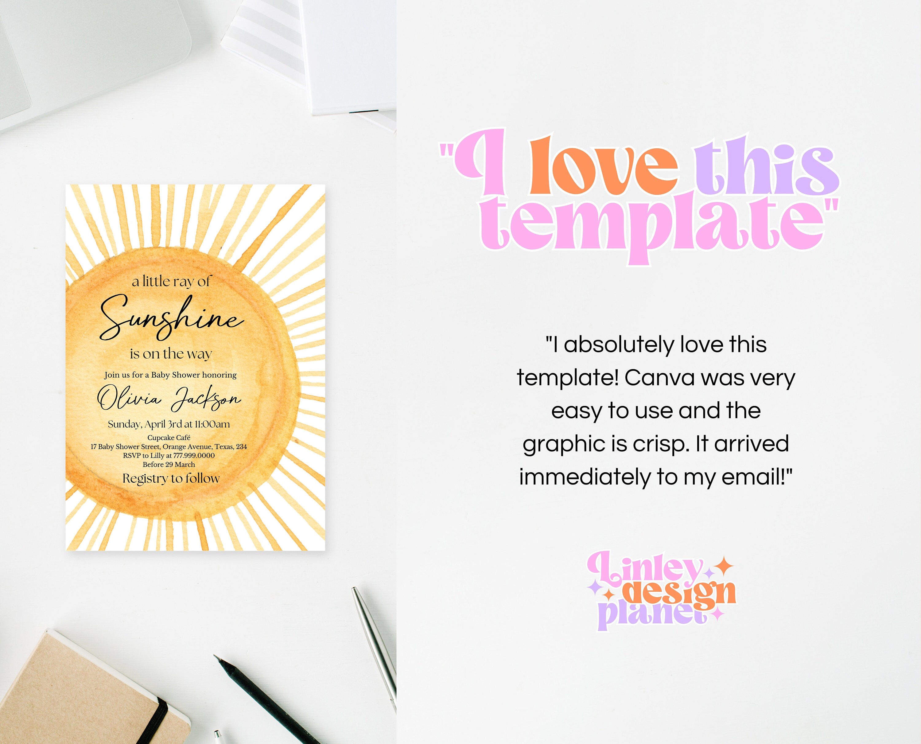 Editable Sunshine Baby Shower Invitation, A Little Ray of Sunshine Baby ...