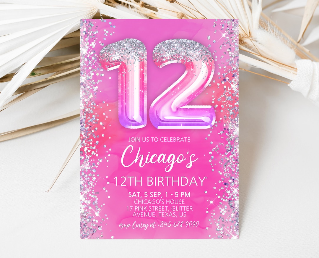 Editable Pink 12th Birthday Invitation Template, Glitter Birthday ...
