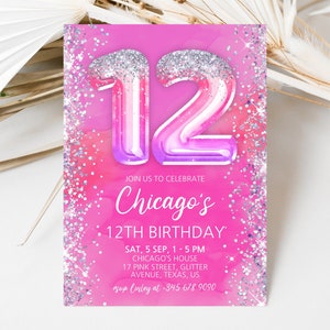 Editable Pink 12th Birthday Invitation Template, Glitter Birthday ...