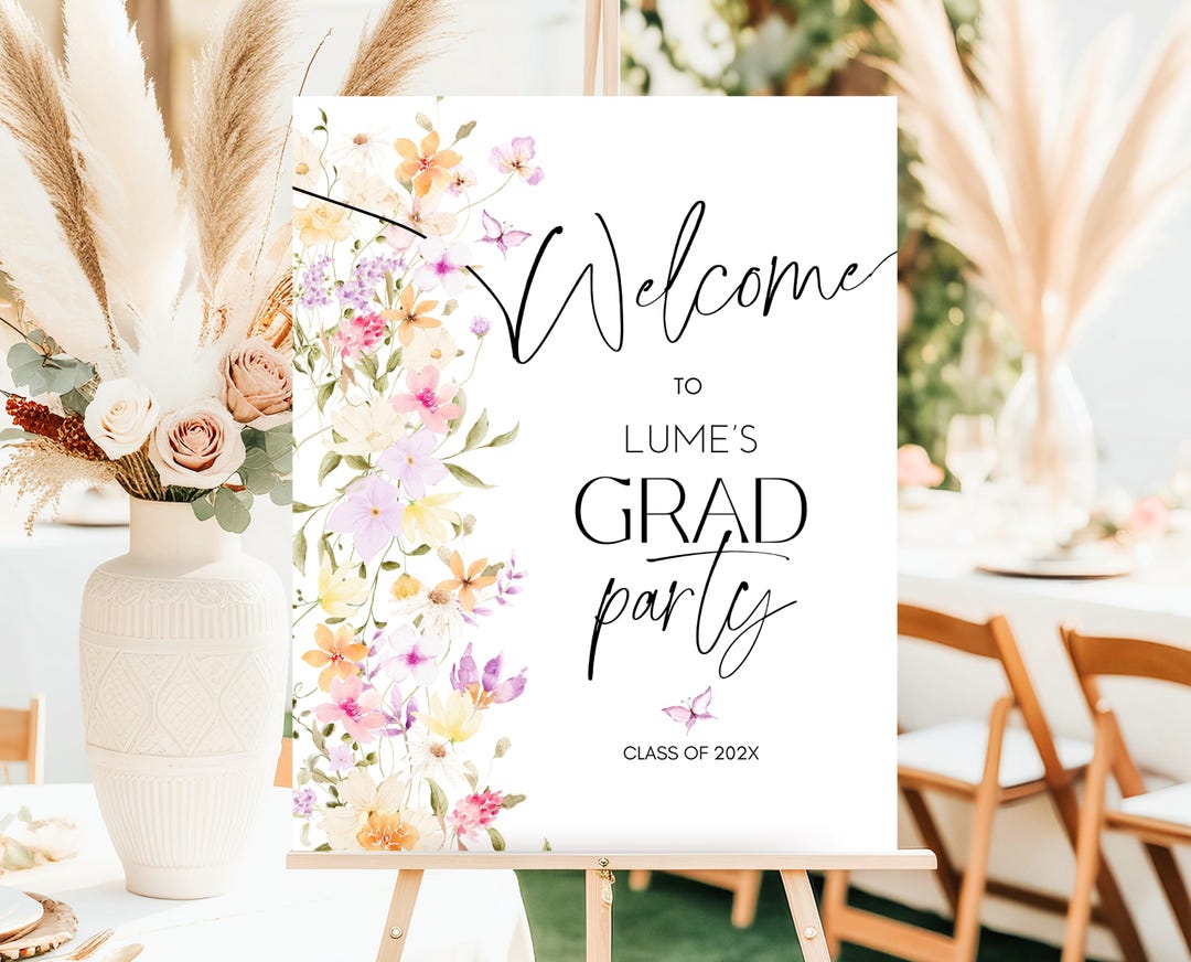 Editable Grad in Bloom Welcome Sign, Wildflowers Graduation, Purple ...