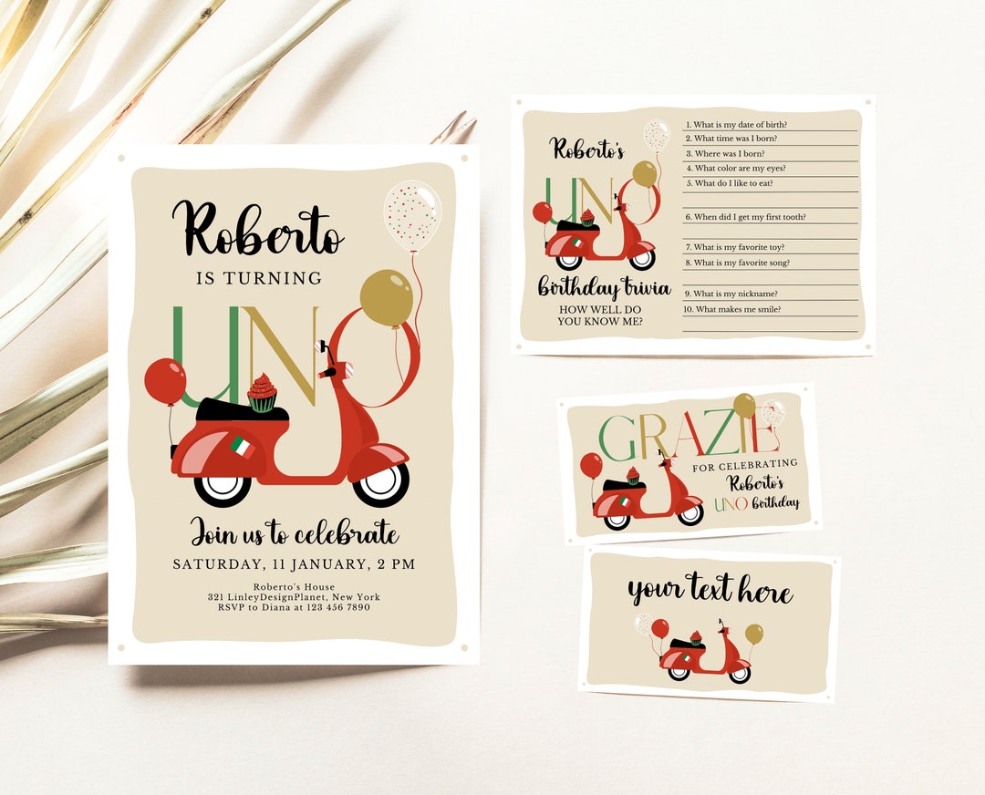 Editable Scooter Uno Birthday Invitation Bundle, Italian Themed ...