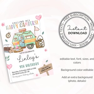 Editable Girl Camp Party Invitation, Camp Out Birthday Party, Sleepover Girl Camping Party ...