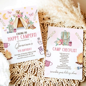 Editable Girl Camp Party Invitation, Camp Out Birthday Party, Sleepover ...