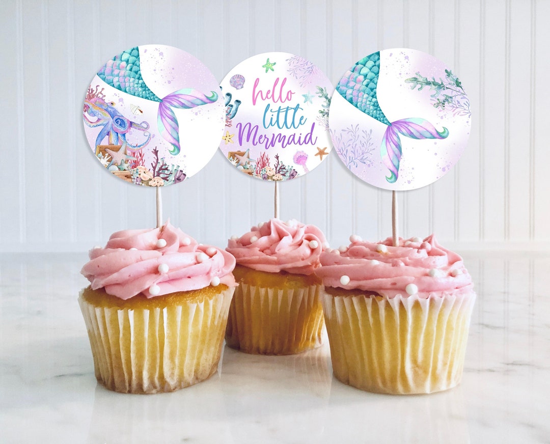 Editable Mermaid Birthday Cupcake Toppers Template, Hello Little ...
