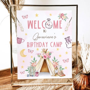 Editable Girl Camp Welcome Sign, Camp Out Sleepover Party Sign ...