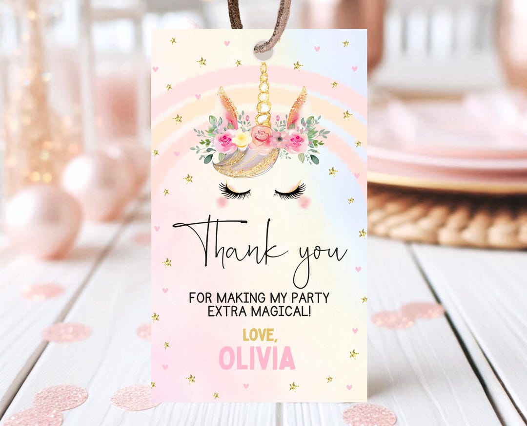 Editable Unicorn Birthday Favor Tag: Gold Rainbow Party (instant ...