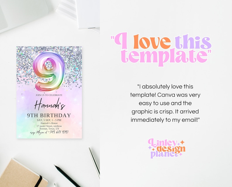 Editable Pastel Rainbow 9th Birthday Invitation Template, Birthday ...