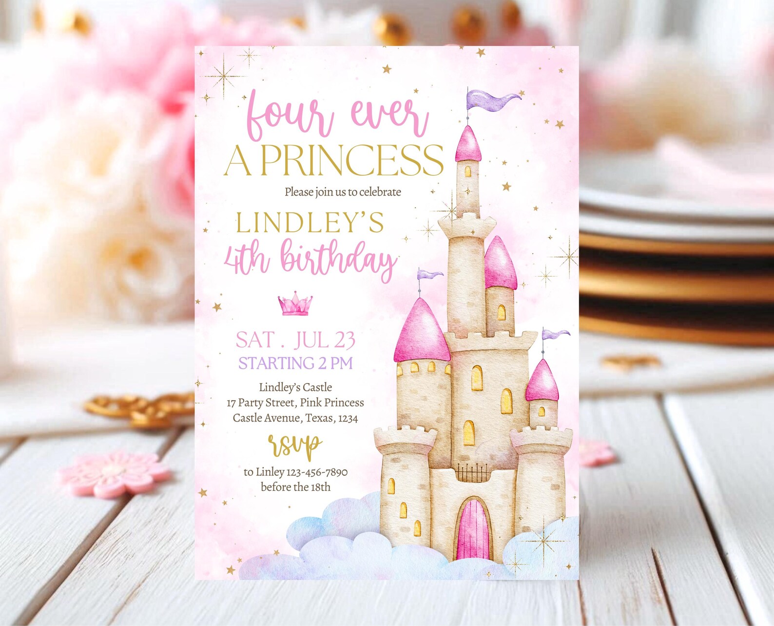 Princess Castle Birthday Invitation: Pink & Gold, Editable (canva ...